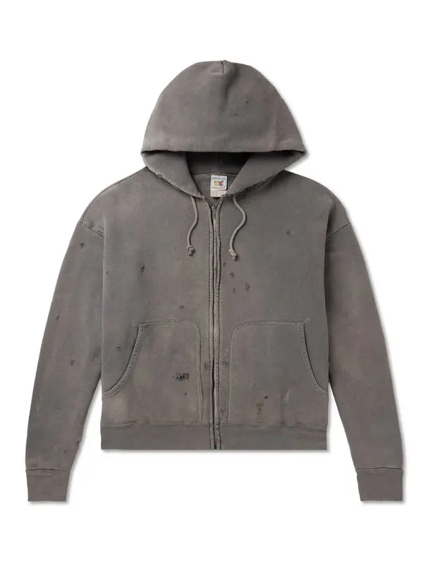 Saint Mxxxxxx Distressed Cotton-Jersey Zip-Up Hoodie S In Gray
