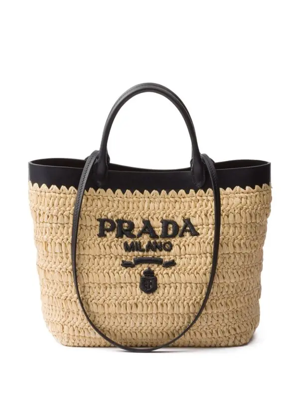 Prada Leather-trimmed Woven Tote Bag