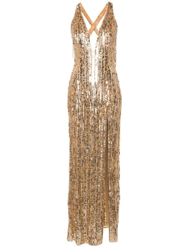 slim fit dress slacks Anele Gold Sequin High-Neck Sheer Maxi Dress With Sash And Open-Back – Club  L London main image 0