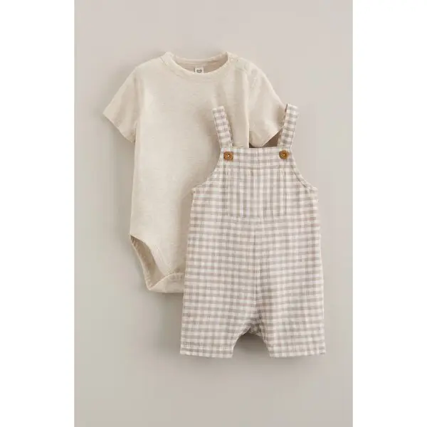 Nordstrom Cotton Bodysuit & Shortalls Set - Beige O Light Heather Gingham