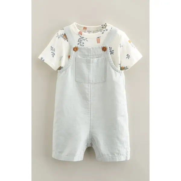 Nordstrom Cotton Bodysuit & Shortalls Set - Ivory Egret Plants- Green