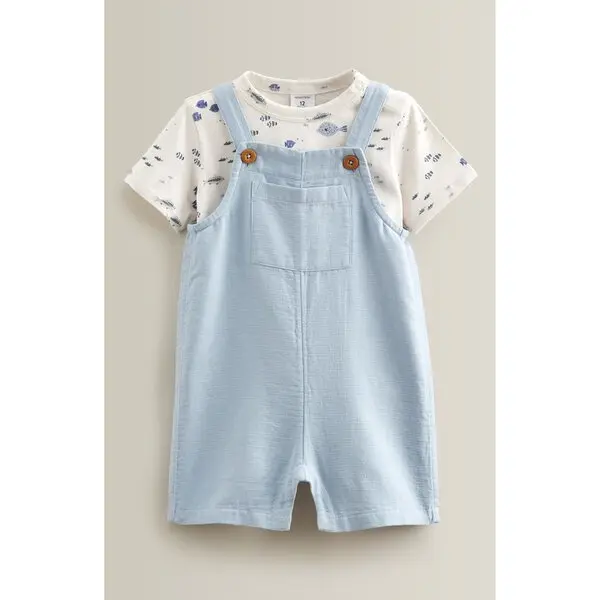 Nordstrom Cotton Bodysuit & Shortalls Set - Ivory Fish Friends- Blue