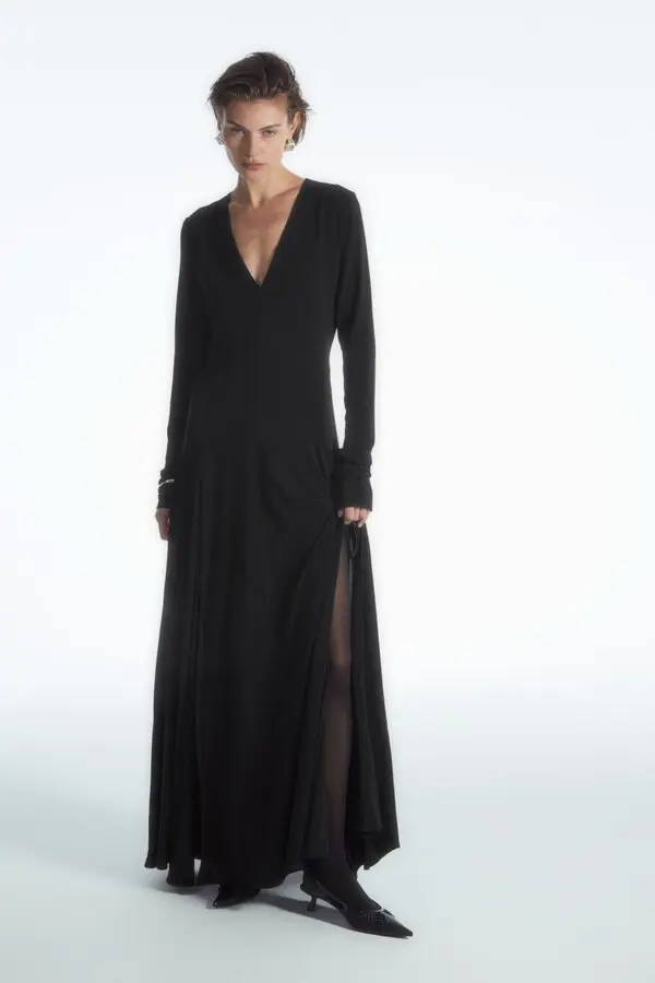 Cos V-Neck Flared Maxi Dress - Black