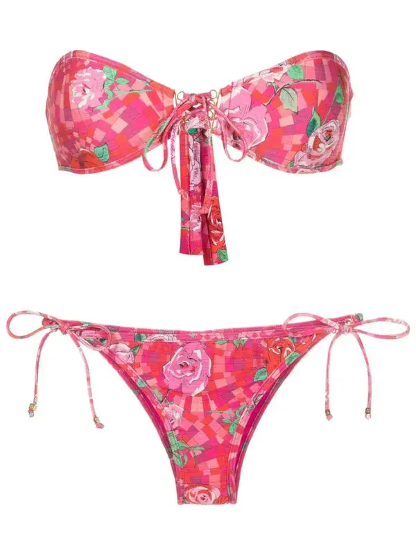 AMIR SLAMA Geometric Floral-print Strapless Bikini - Pink