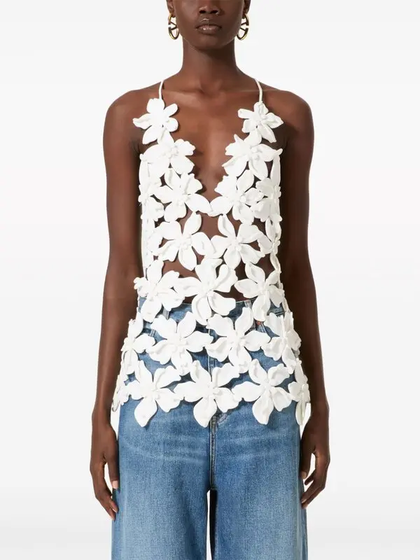 Valentino Garavani Flower-Appliqué Crossover-Strap Top - White