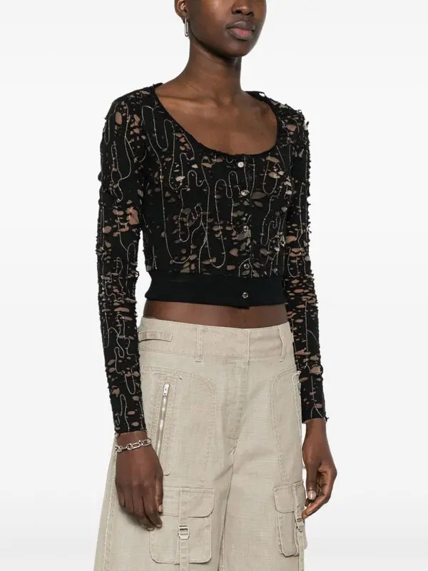 DIESEL® Cotton Blend Cropped Distressed Top With Sheer Panels And Logo Patch