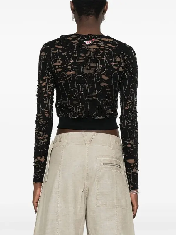 DIESEL® Cotton Blend Cropped Distressed Top With Sheer Panels And Logo Patch