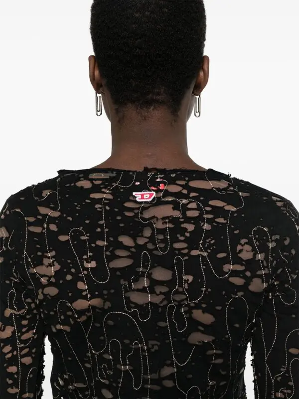 DIESEL® Cotton Blend Cropped Distressed Top With Sheer Panels And Logo Patch