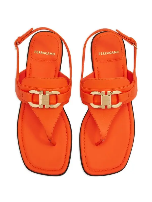 FERRAGAMO Gancini Leather Flat Sandals - Orange