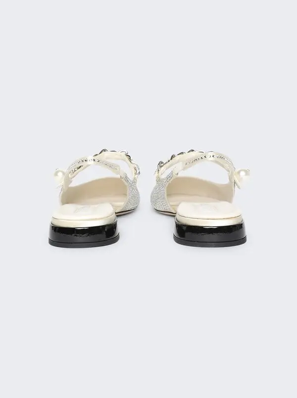 Miu Miu Slingback Ballerinas With Crystal And Pearl Detailing - Avorio And Nero