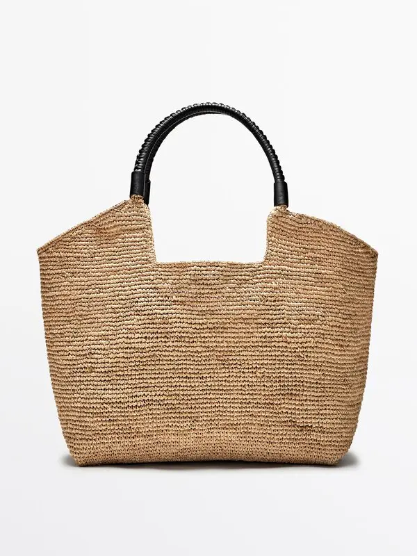 Massimo Dutti Raffia Tote Bag With Leather Handles Beige