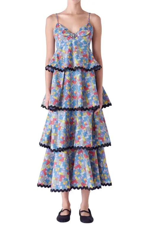 English Factory Grid Print Tiered Maxi Dress