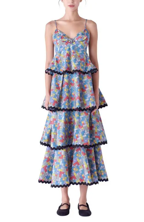English Factory Grid Print Tiered Maxi Dress
