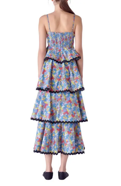 English Factory Grid Print Tiered Maxi Dress