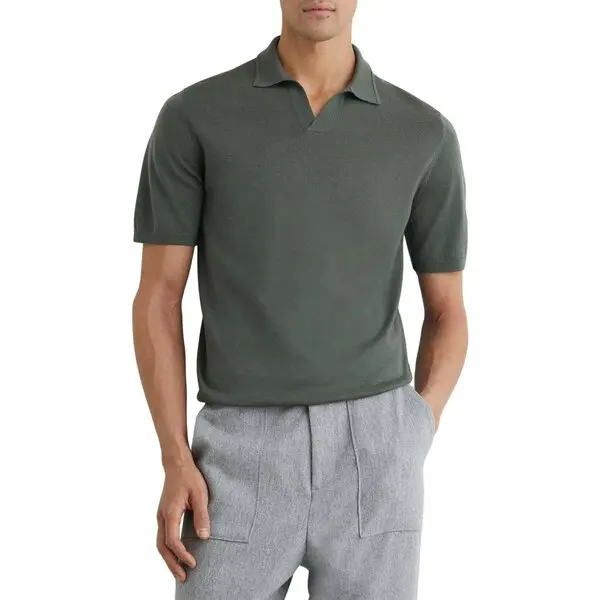REISS Duchie Johnny Collar Short Sleeve Wool Polo Sweater - Kale Green
