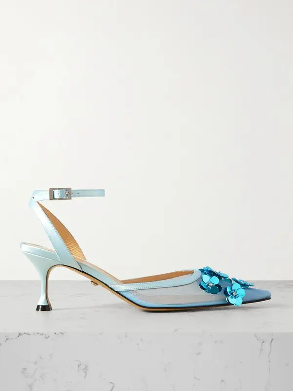 Mach & Mach Satin-trimmed Embellished Mesh Pumps