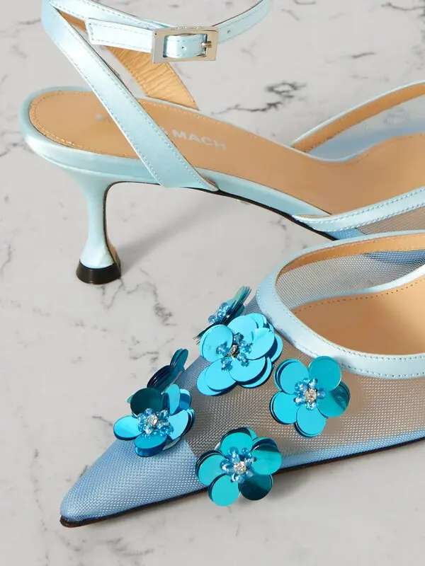 Mach & Mach Satin-trimmed Embellished Mesh Pumps