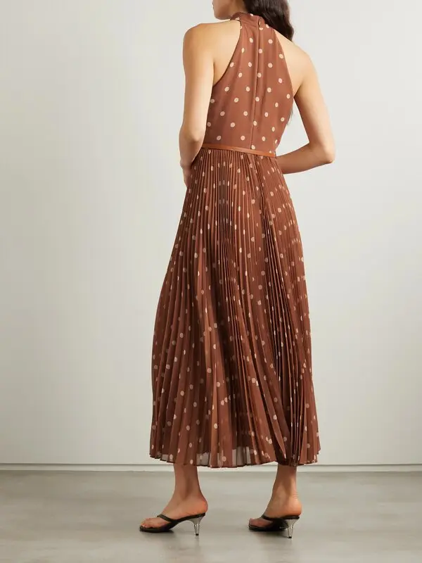Zimmermann Belted Pleated Polka-Dot Recycled-Chiffon Midi Dress In Brown -  30% Off | Editorialist