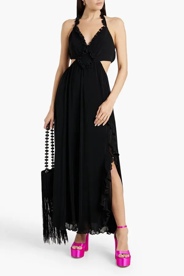 Loveshackfancy Talitha Cutout Pliss Crepe Halterneck Maxi Dress In Black -  85% Off | Editorialist