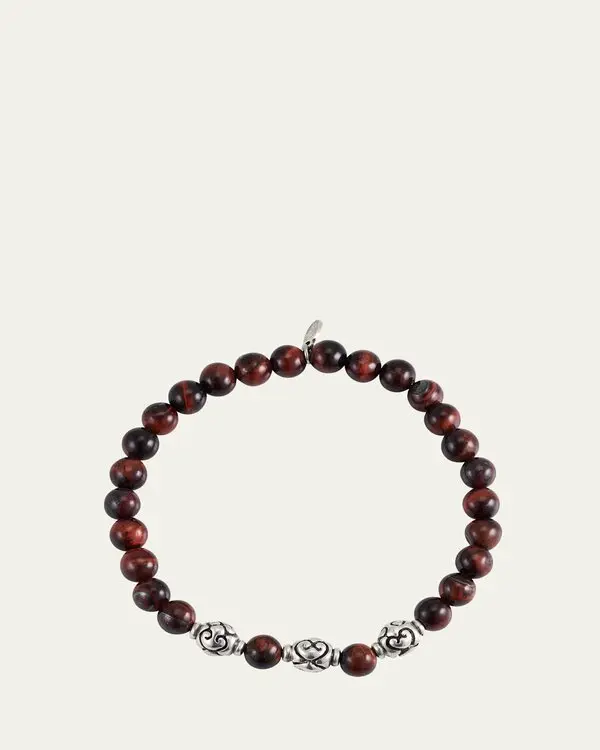 JAN LESLIE Tiger's Eye Beaded Bracelet With Sterling Silver - Red/silver