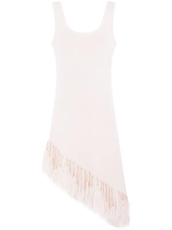 Rabanne Asymmetric Fringed Linen Midi Dress - White