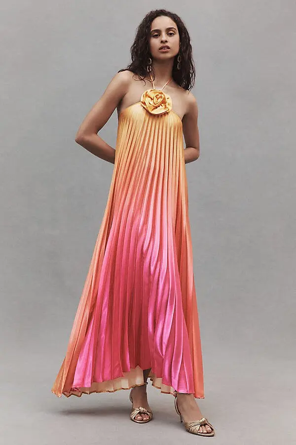 Delfi Collective Giselle Halter Pleated Ombre Sat Maxi Dress In