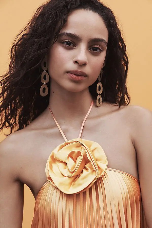 Delfi Collective Giselle Halter Pleated Ombre Sat Maxi Dress In Yellow -  30% Off | Editorialist