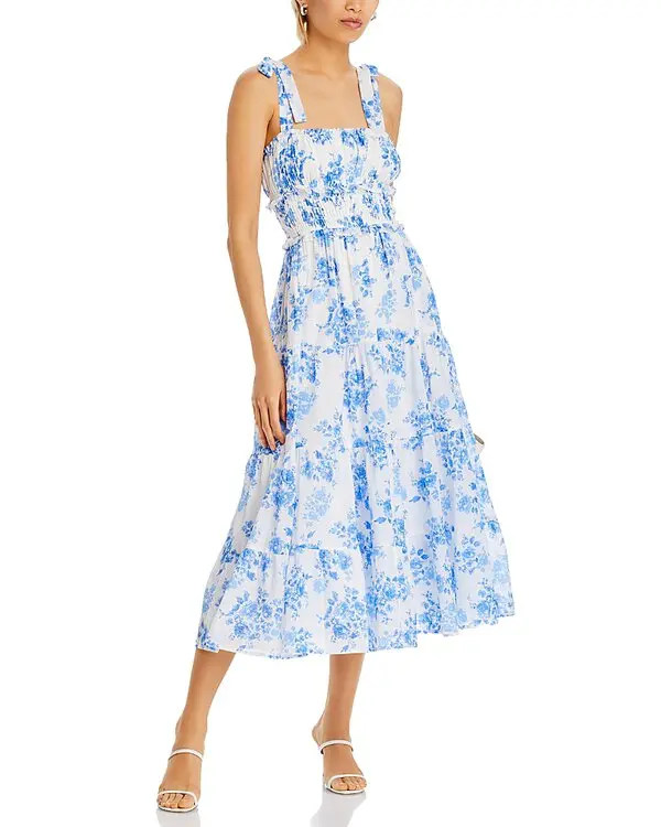 Aqua Floral Tie-strap Midi Dress - Navy/white