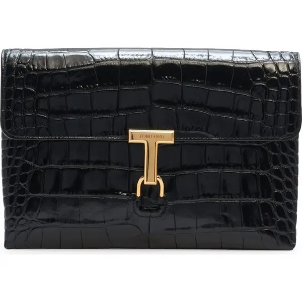 TOM FORD Croc Embossed Leather Shoulder Bag - Black