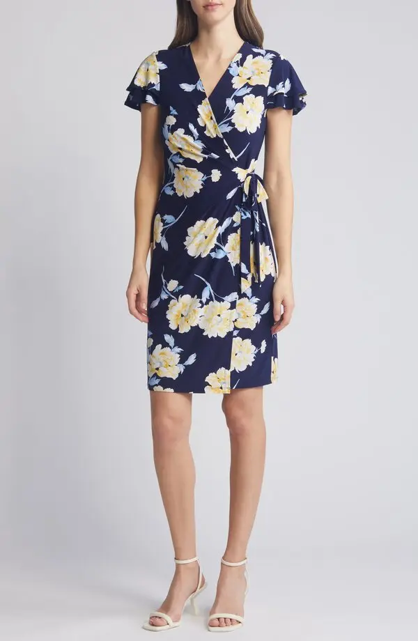 Anne Klein Floral Flutter Sleeve Knit Wrap Dress