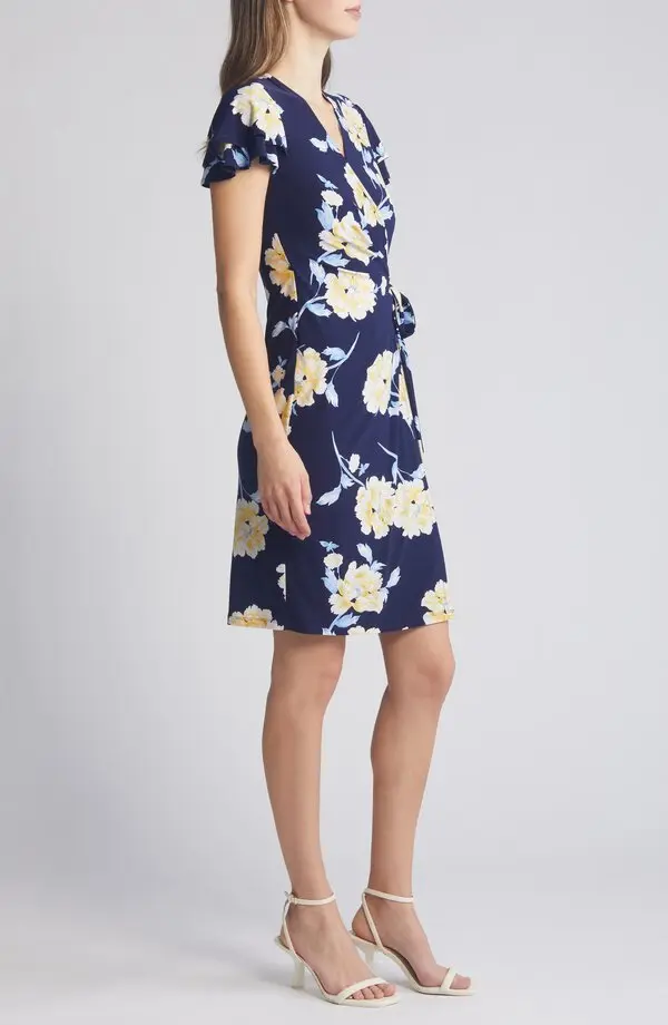 Anne Klein Floral Flutter Sleeve Knit Wrap Dress