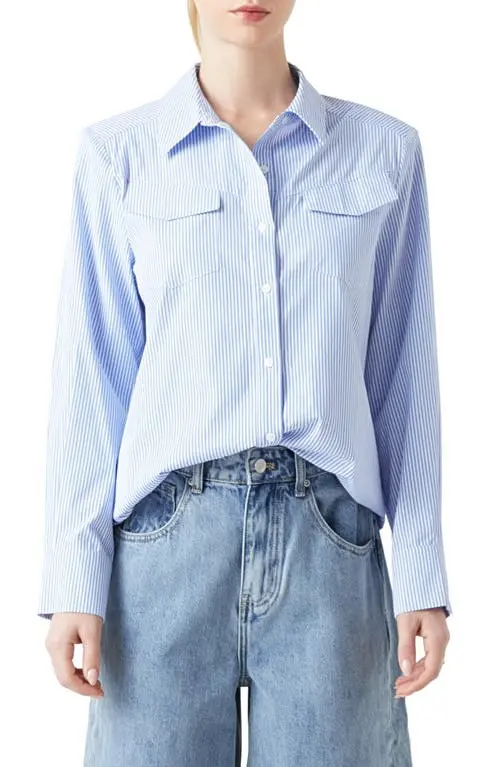 GREY LAB Power Shoulder Striped Button-up Shirt - Blue
