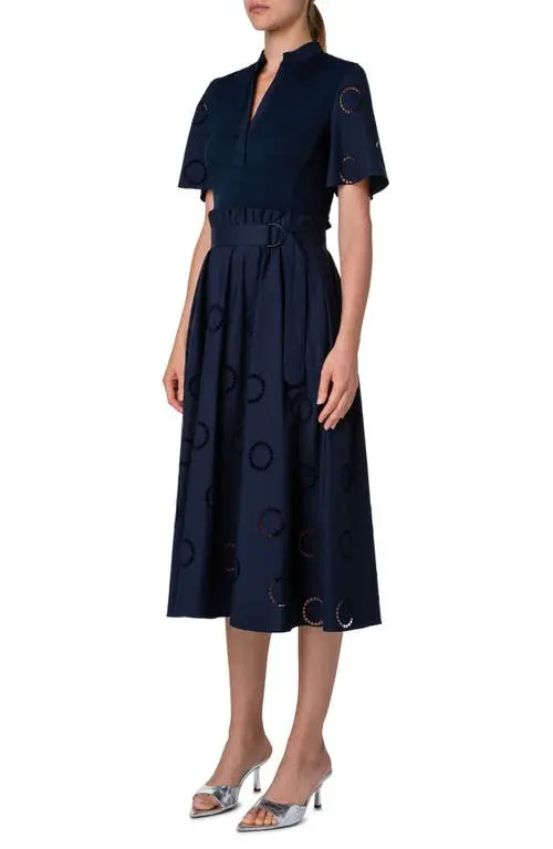 Akris Mixed Media Eyelet Midi Dress
