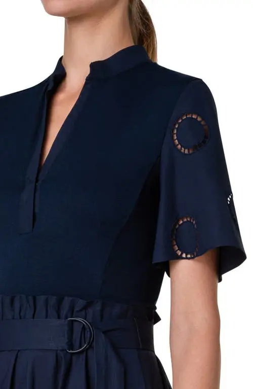 Akris Mixed Media Eyelet Midi Dress