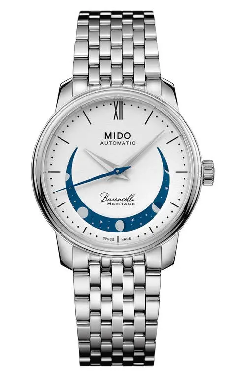 MIDO Baroncelli Heritage Smiling Moon Bracelet Watch - Silver/white