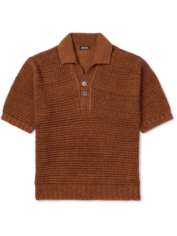 Zegna Open-knit Cotton, Linen, Silk And Cashmere-blend Polo Shirt - Brown