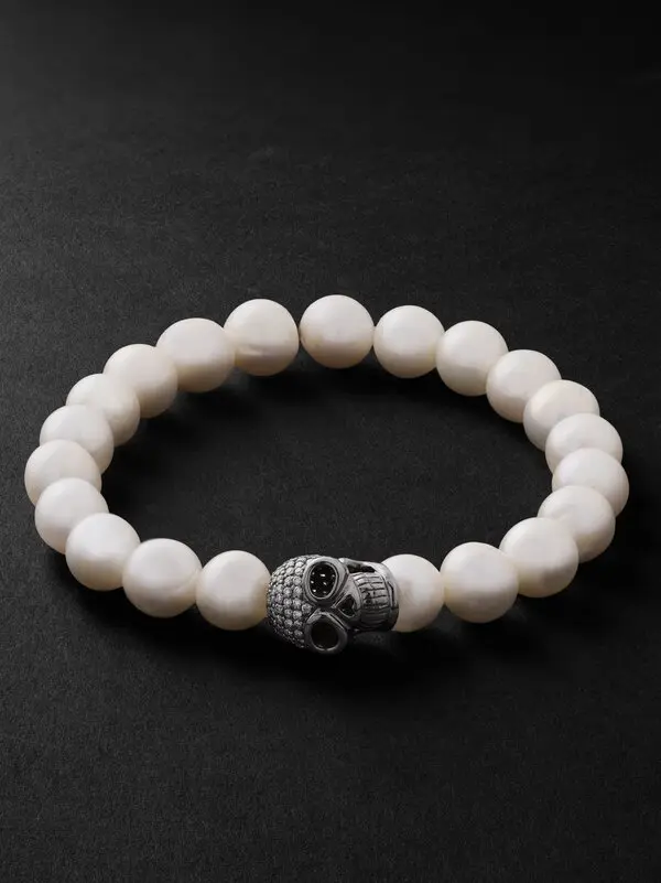 SYDNEY EVAN Skull Diamond And Pearl Bracelet - White