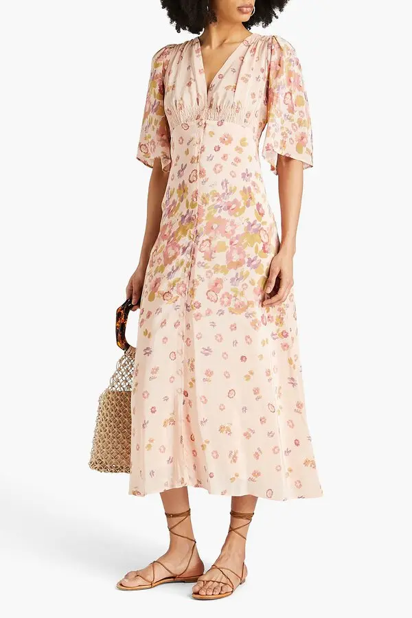 Bytimo Floral-Print Satin Midi Dress In Peach - 70% Off | Editorialist