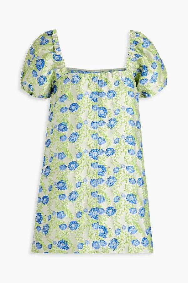 knee length dresses for ladies Rent The Blue Jacquard Open Back Mini Dress By Ganni