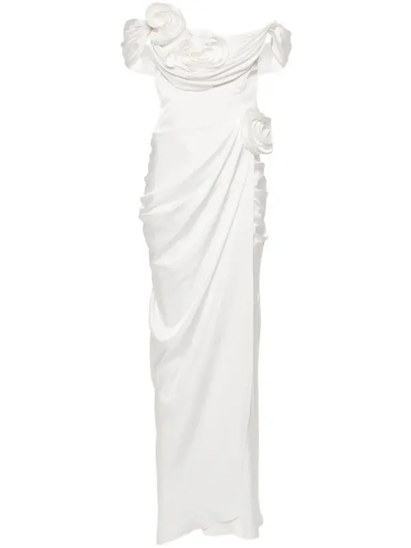 ANA RADU Floral-appliqué Draped Gown - Neutrals