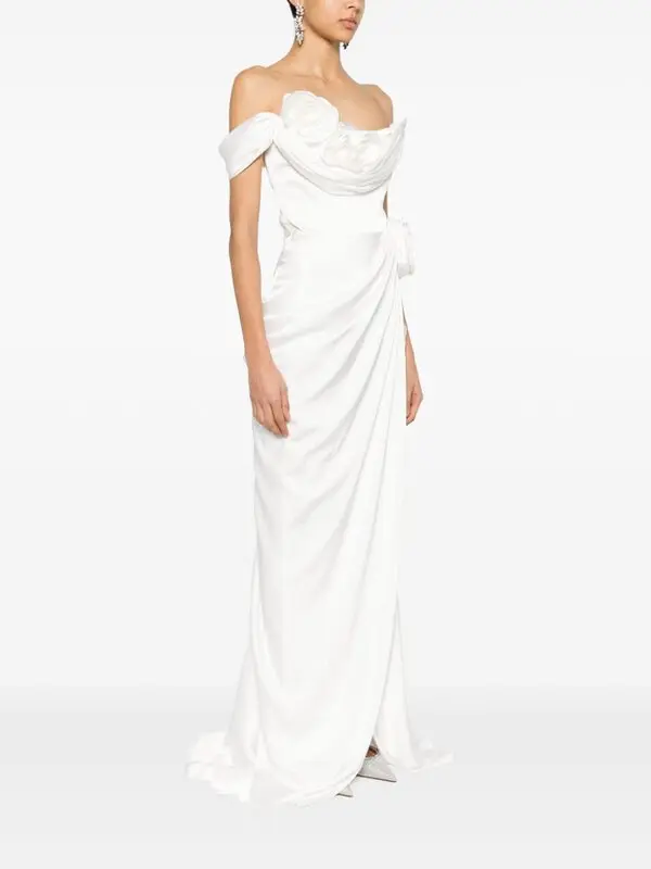 ANA RADU Floral-appliqué Draped Gown - Neutrals