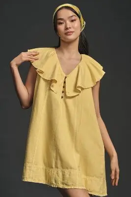 PILCRO Ruffled V-neck Denim Mini Dress