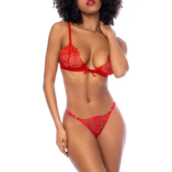 MAPALE Satin Trim Embroide Lace Bra & Thong Set - Red