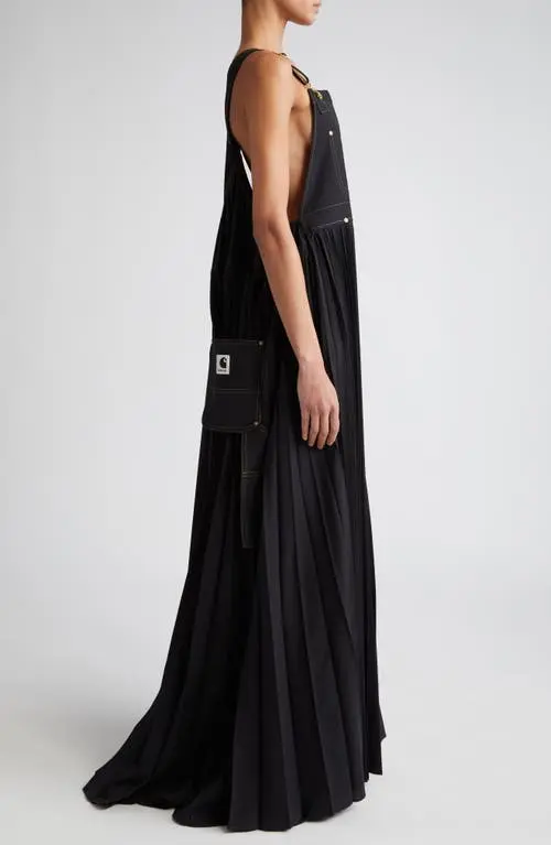Sacai Carhartt Wip Mixed Media Pleated Skirt Overall Maxi Dress - Black |  Editorialist