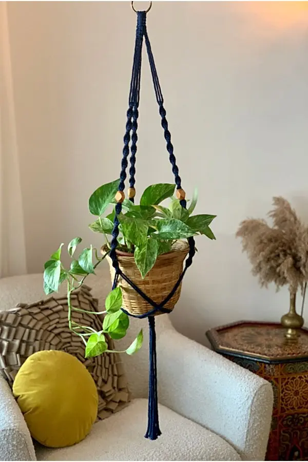 MACRAMÉ BY MONDAY Petite Wooden Bead Plant Hanger - Blue