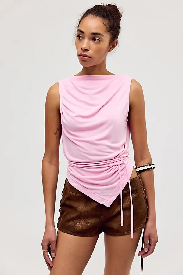 GEEL Portia Sleeveless Draped Top With Belted Waist - Blush
