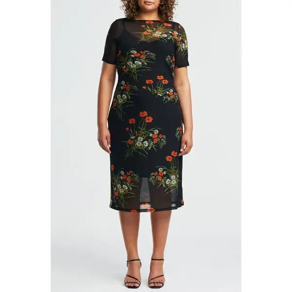 ESTELLE Floral Bouquet Mesh Overlay Dress