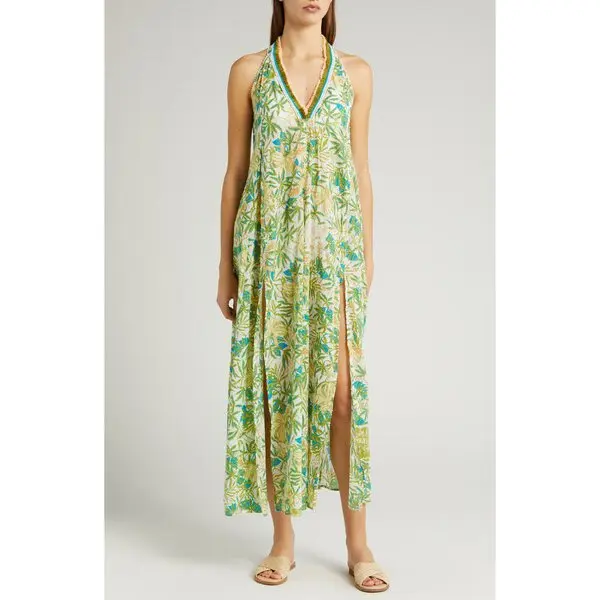 Poupette St Barth Nava Print Fringe Cover-up Maxi Dress - Green Orchid Ocn
