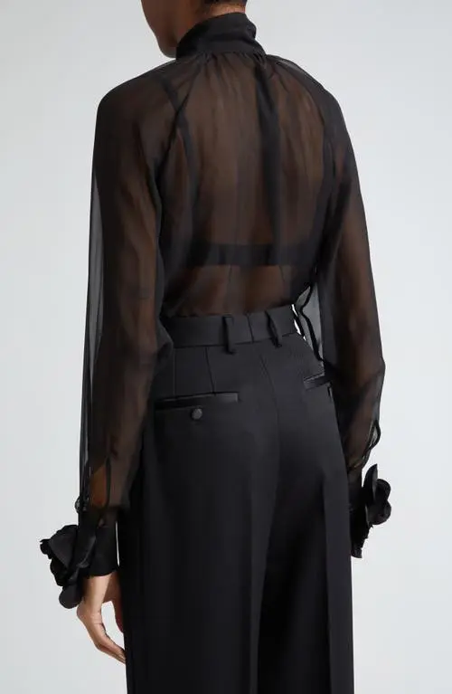 Dolce & Gabbana Floral Appliqué Tie Neck Sheer Silk Shirt - Nero