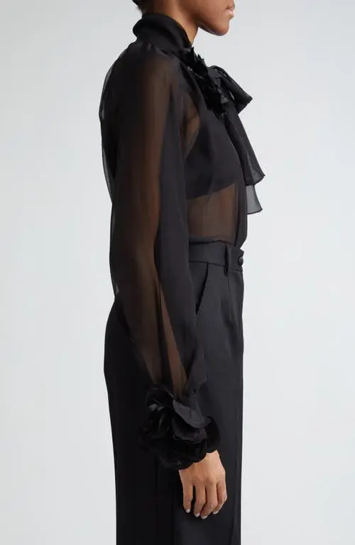 Dolce & Gabbana Floral Appliqué Tie Neck Sheer Silk Shirt - Nero